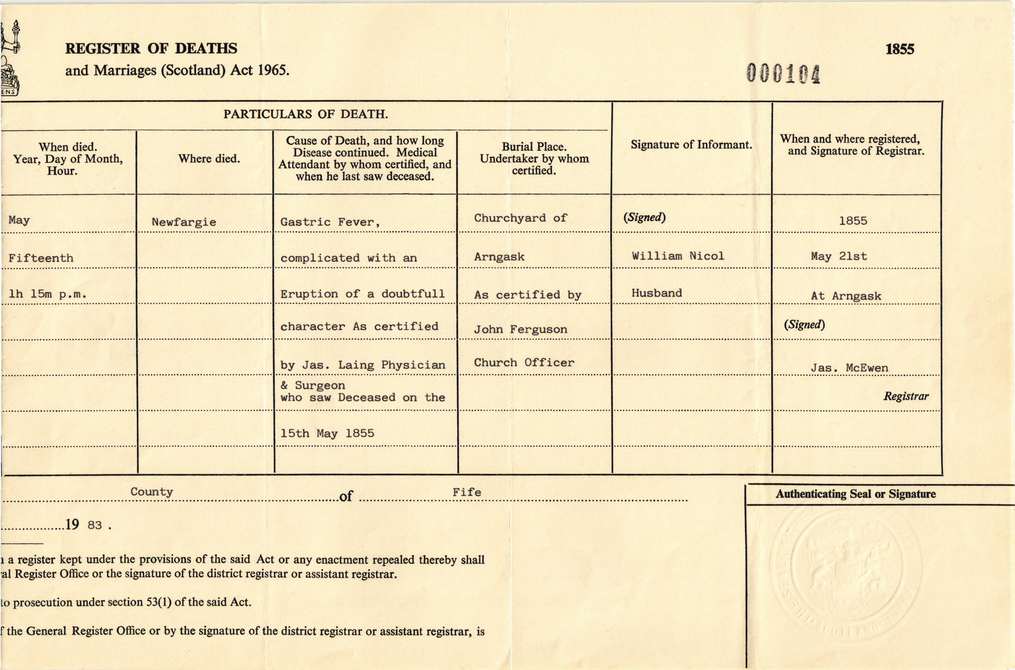 1855 Scottish Certificate. – Ancestor Family